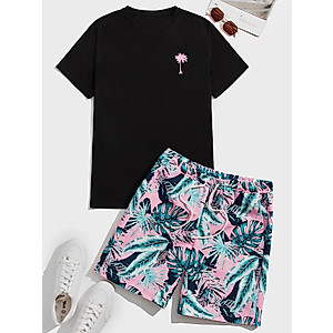 GORGLITTER Men's Tropical Short Set Summer Crewneck Short Sleeve T Shirt and Shorts Sets 2 Pieces Outfit Black Large