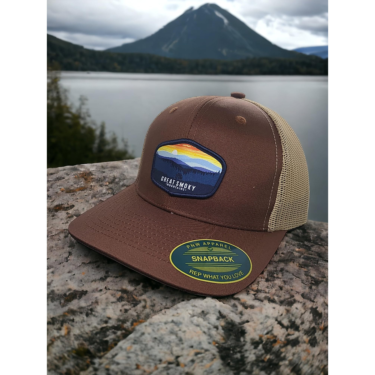Great Smoky Mountains Trucker Hat with National Park Woven Patch (Brown/Tan)