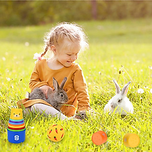 Stacking Cups for Rabbits and Treat Ball, 11 Pack Boredom Breaker Bunny Toys, Rainbow Colors Cups and Adjustable Opening Ball with Cleaning Brush Kit UIInosoo for Rabbits and Other Small Animals Pets