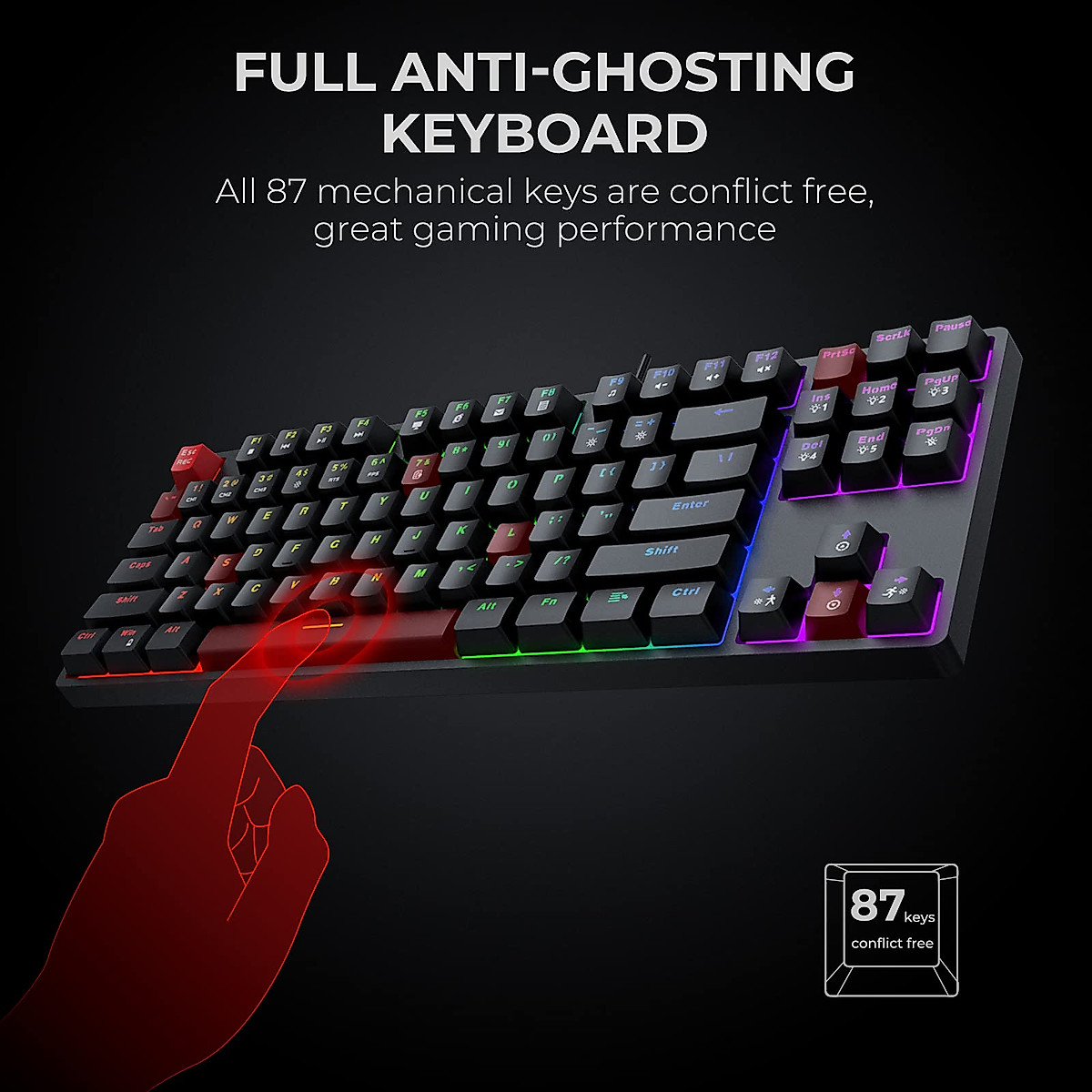 havit Mechanical Keyboard, TKL Mechanical Gaming Keyboard Wired LED Rainbow Backlit Keyboards Red Switches 80% 87 Keys Compact for PC Gaming Computer