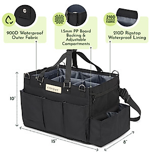 FifthStart Multiuse Cleaning Caddy with Waist & Shoulder Strap - Professional 9 Pockets Tote Bag for Housekeeping Diaper Gardening Fishing Beach Bathroom Organizer Adjustable Compartments, Black Large