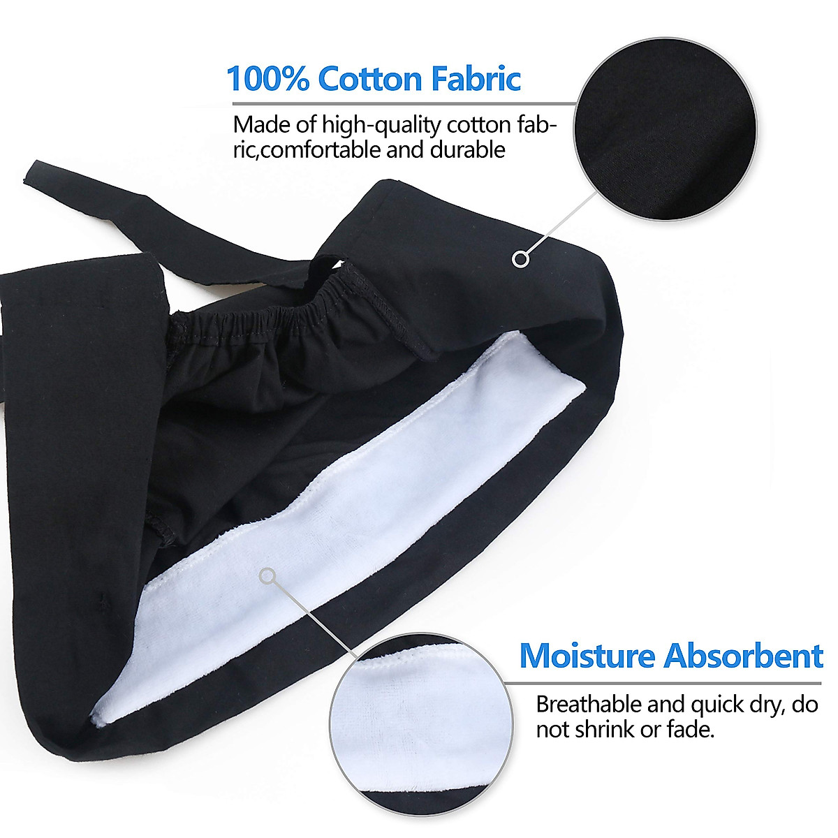 QBA Adjustable Working Cap with Button, Cotton Working Hat Sweatband, Elastic Bandage Tie Back Hats for Women & Men, One Size (2 Pack: Black 2 PCS)