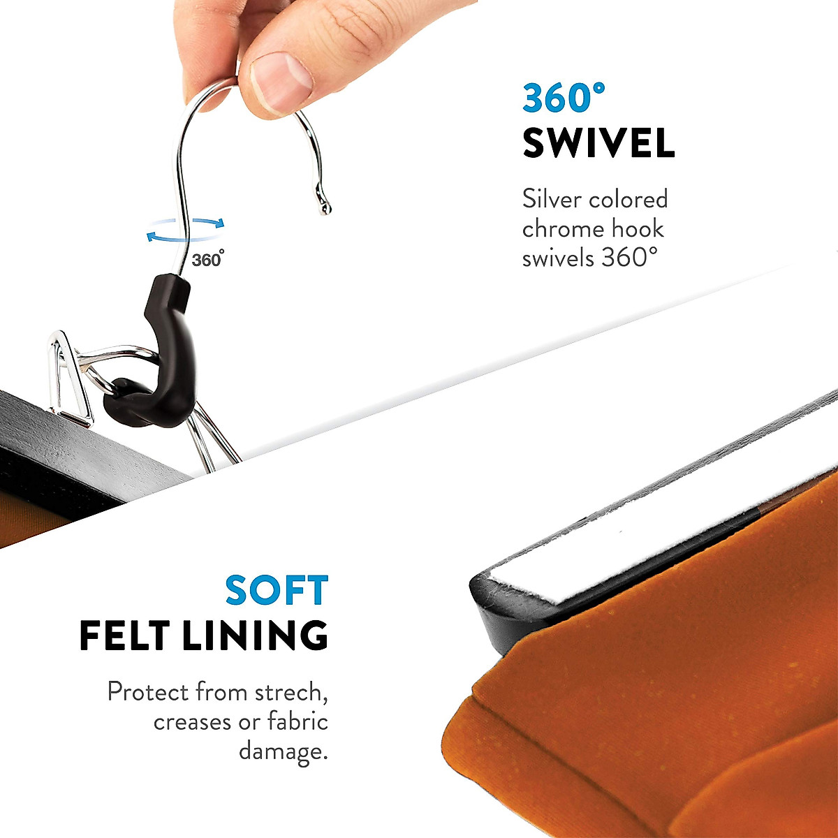 ZOBER High-Grade Smooth Finish Non Slip Wooden Cloth Hangers with Clips for Skirts, Slacks - 360° Swivel Hook - (10 Pack)