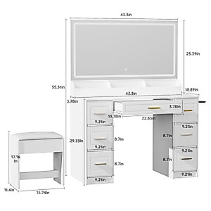 Homesflex Vanity Desk with Mirror and LED Lights, 43'' W Makeup Vanity Desk with Power Outlet, 3 Color Modes, 7 Drawers Vanity Table with Chair, Dressing Table for Bedroom, Dressing Room (White)