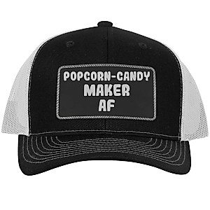 Popcorn-Candy Maker AF - Leather Black Patch Engraved Trucker Hat, Black-White, One Size
