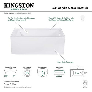 Kingston Brass VTAP543022R Aqua Eden Alcove Tub, White