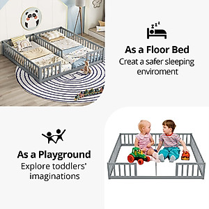 Mirightone Double Twin Bed Frames for Kids, Wood Montessori Bed with Fence Guardrails, Double Twin Floor Bed Side by Side for Boys Girls Children, Grey
