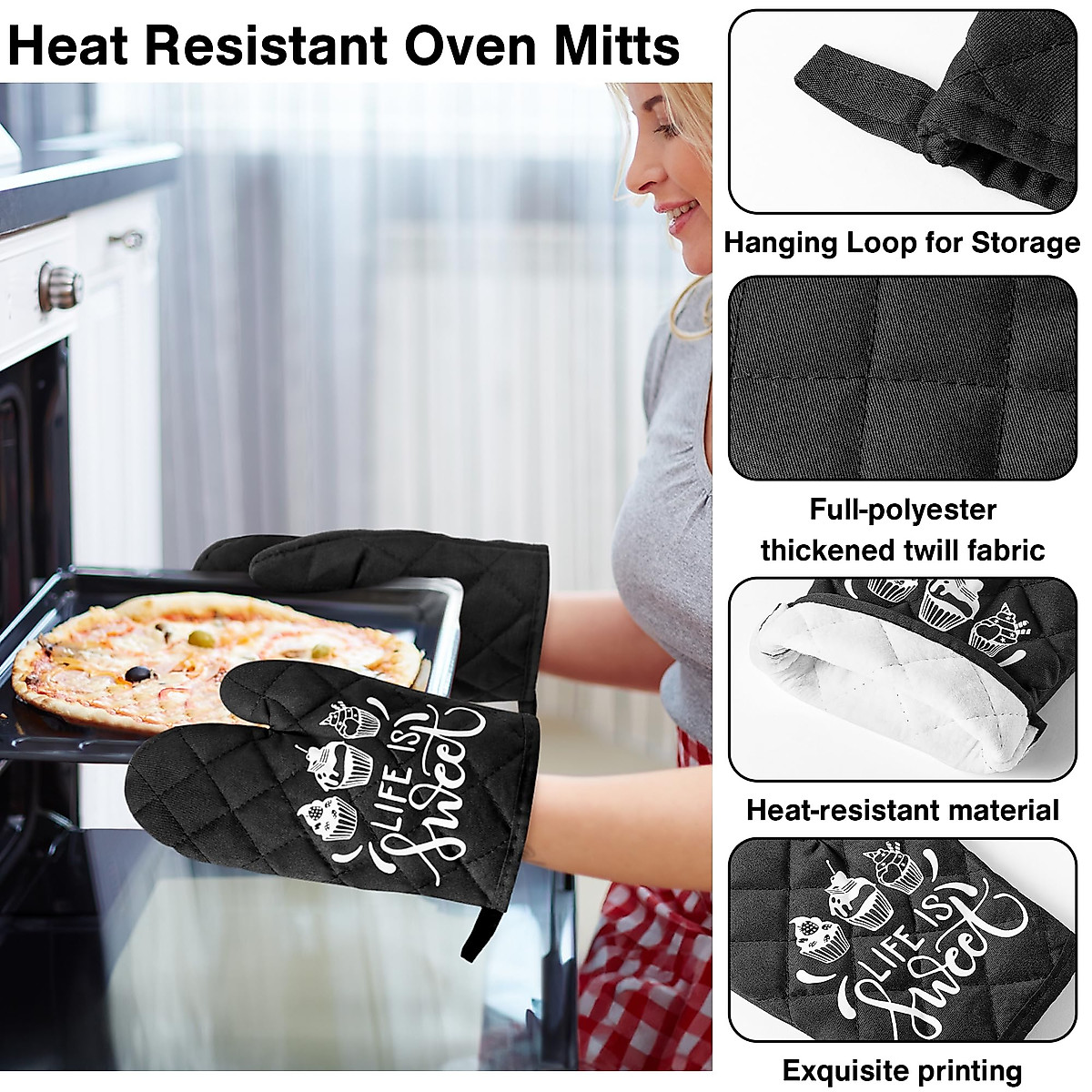 GROBRO7 6Pcs Cotton Oven Mitts and Pot Holders Set Life is Sweet Resistant Pocket Potholder Machine Washable Microwave Gloves with Hanging Loop Hot Pads for Daily Kitchen Baking Cooking Grilling Black