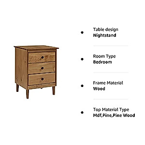 Walker Edison Traditional Wood 3 Drawer Nightstand Side Table Bedroom Storage Drawer and Shelf Bedside End Table, 18 Inch, Caramel