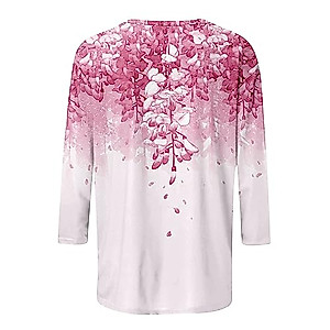 3/4 Length Sleeve Womens Tops Plus Size Tops for Women Shirts for Women Custom T Shirts Blouses &amp; Button-Down Shirts Fashion Floral Printed V-Neck Button Decorative Tee,Pink,XXL