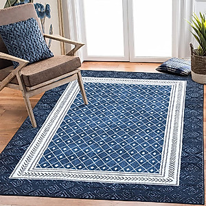 GarveeHome Modern Bordered 5x7 Area Rugs, Washable Rugs for Living Room Geometric Accent Rug Non Slip Non-Shedding Floor Carpet for Dining Room Indoor Kids Playroom, Navy