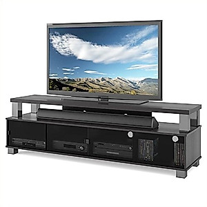 BOWERY HILL TV Stand for 80 Inch TV, Entertainment Console with Storage Shelf for Living Room, Tempered Glass Top and Wood, Black