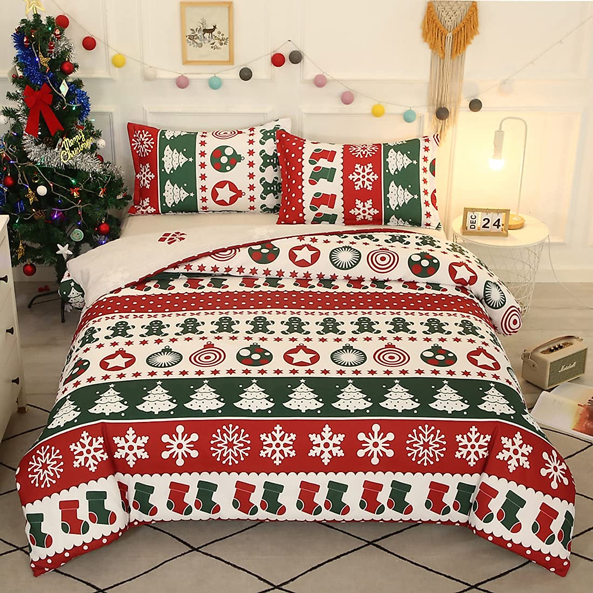 Mengersi Christmas Snowflakes Duvet Cover King Size,Xmas Trees Holiday Bedding Comforter Cover with Zipper Closure,Home Decoration for New Year (Green)