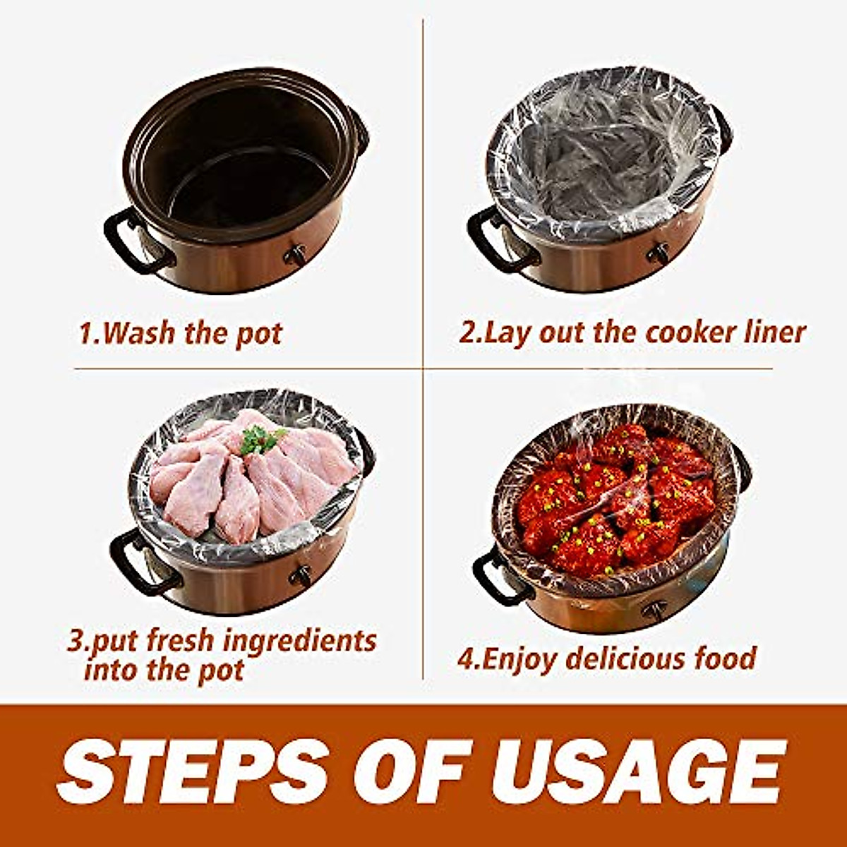 WRAPOK Slow Cooker Liners Kitchen Disposable Cooking Bags BPA Free for Oval or Round Pot, Small Size 11 x 16 Inch, Fits 1 to 3 Quarts - 4 Pack (40 Bags Total)