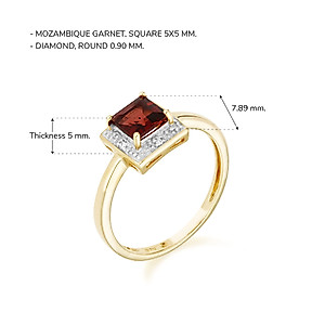 Ivy Gems Yellow Gold 9K Square Garnet 5 mm and Round Diamond Promise Ring Contemporary Design for Women January Birthstone Engagement Size 5