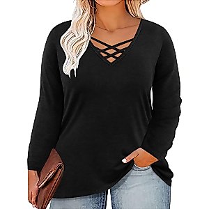RITERA Womens Plus Size Black Shirts Long Sleeve Criss Cross Tops V Neck Solid Color Tunics Fall Winter Casual XL 16W 18W