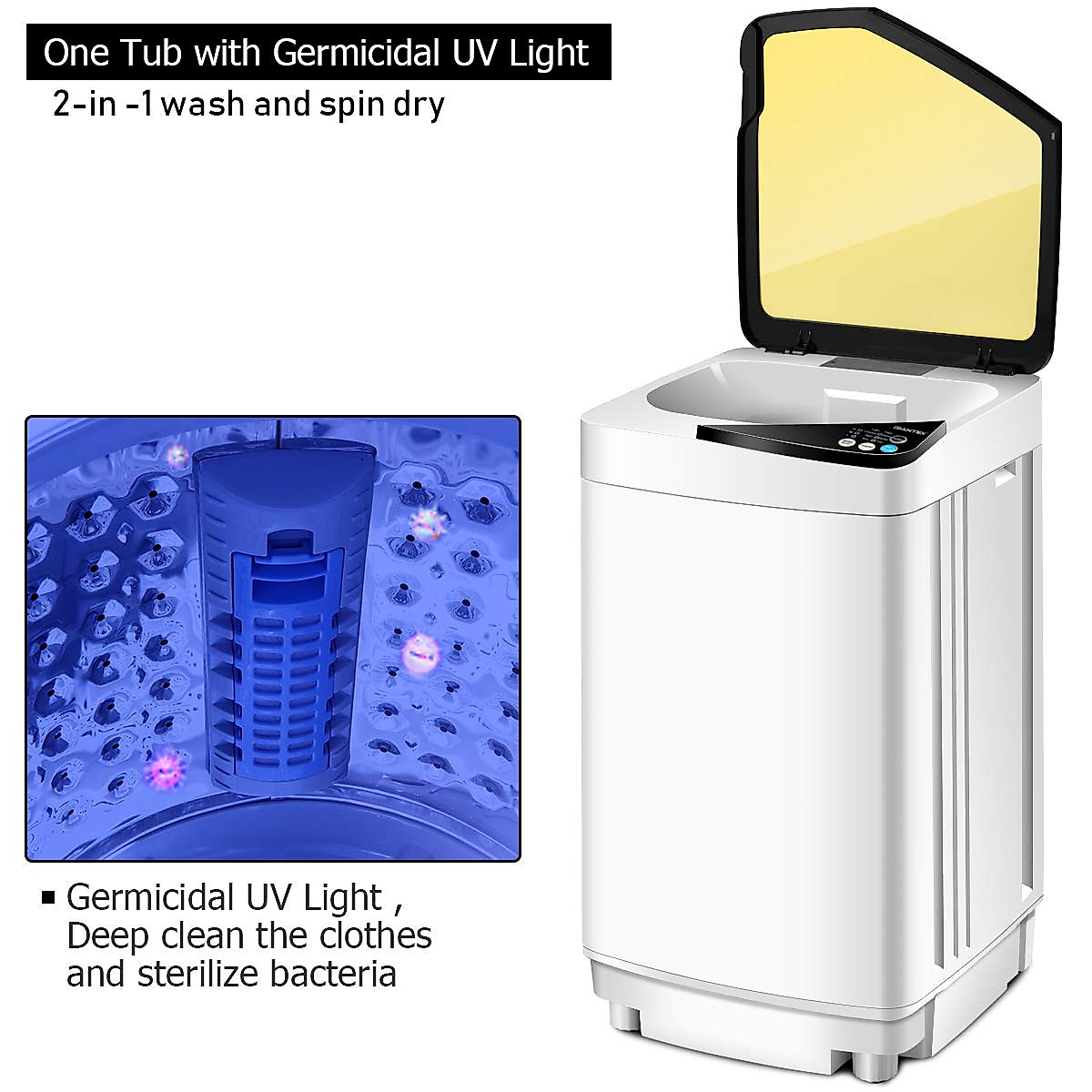 Giantex Full-Automatic Washing Machine Portable Washer and Spin Dryer 7.7lbs Capacity Compact Laundry Washer with Built-in Barrel Light Drain Pump and Long Hose for Apartments Camping (White & Yellow)