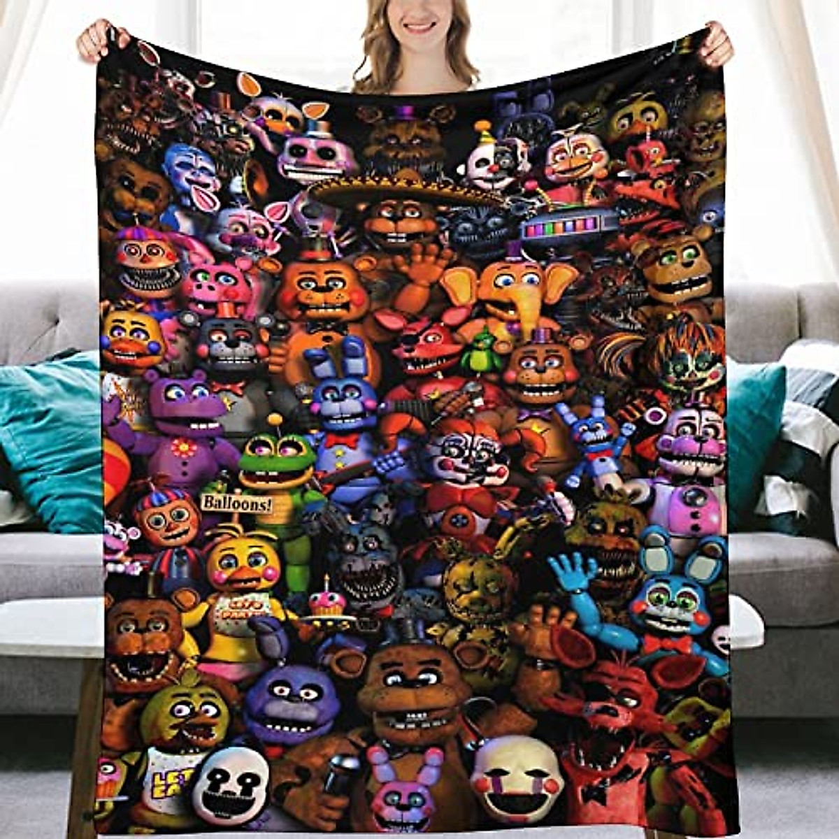 Anime Throw Blanket Cartoon FNAF Bear Printing Ultra-Soft Flannel Blankets Christmas Decor Sofa Nap Quilt for Living Room Couch Bed 60"x50"