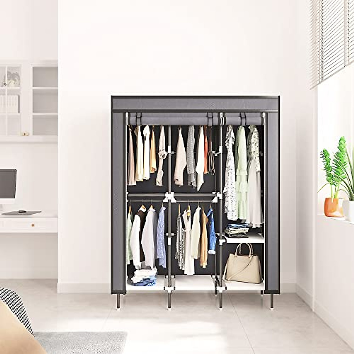 VIZUN Portable Clothes Closet, Wardrobe Storage Closet Organizer with 5 Hanging Rack, Easy to Assemble (Gray)
