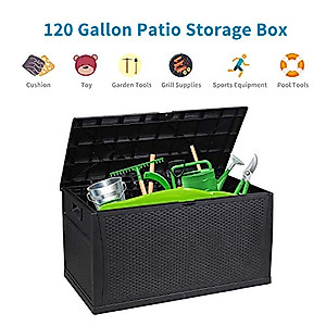 Leisurelife Plastic Deck Box Wicker 120 Gallon, Black Water-resistant Storage Container Outdoor Patio Garden Furniture