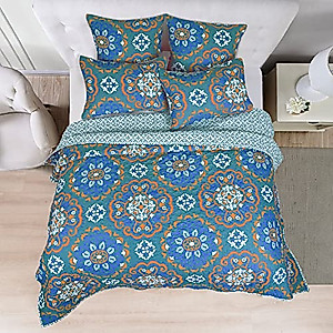 PHF 100% Cotton Fabric Boho Paisley Quilt Set Queen/Full Size, 3PCS Lightweight Cozy Bedspread for All Season, Extra Soft Reversible Bed Spread, Coverlet 90" x 90" and 2 Pillow Shams, Teal Blue