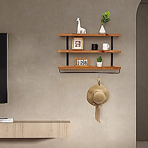 Coral Flower Industrial 3-Tier Floating Shelf with Towel Bar, Walnut