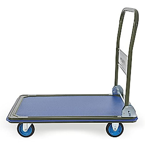 Olympia Tools 85-182 Folding & Rolling Flatbed Cart for Loading, Olive Green with Blue Bumper, 600 Lb. Load Capacity
