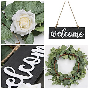 Dremisland Welcome Wreath for Front Door,18 Inch Artificial Rose Eucalyptus Leaves Wreath,Floral Garland Wreath for Window Garden Festival Celebration Wedding Home Decor (Black)