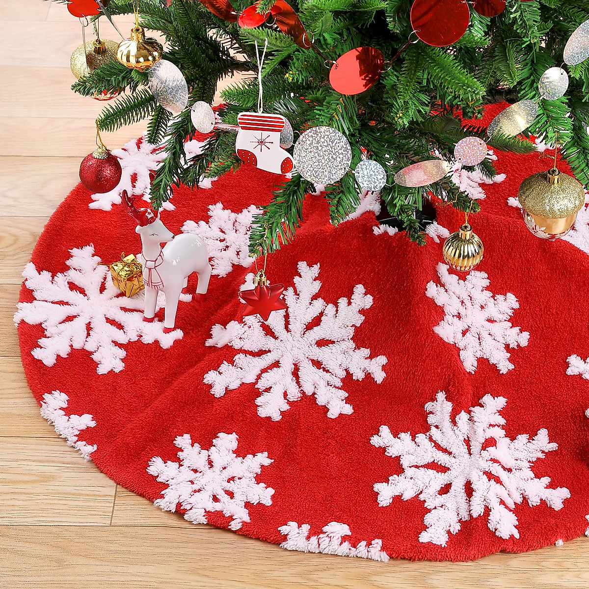 24 Inch Tree Skirt Small Red Christmas Tree Skirts with White Snowflakes Faux Fur Xmas Tree Decorations