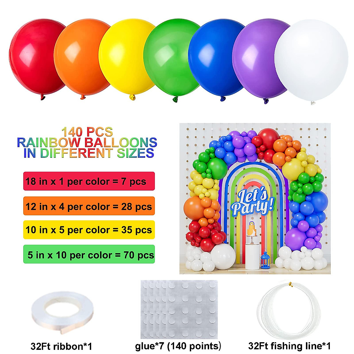 140pcs Rainbow Balloons Different Sizes Assorted Color 5/10/12/18 Inches Latex Balloons,Multicolor Bright Balloons for LGBT Wedding Party Decoration,Birthday Party Supplies or Arch Garland Decoration