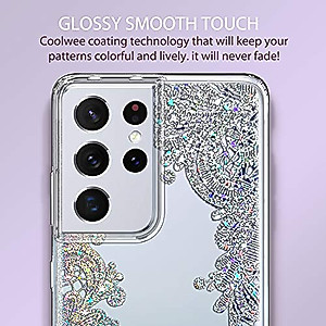 Coolwee Clear Glitter for Galaxy S21 Ultra Case Thin Flower Slim Cute Crystal Lace Bling Women Girl Floral Plastic Hard Back Soft TPU Bumper Protective Cover for Samsung Galaxy S21 Ultra Mandala Henna