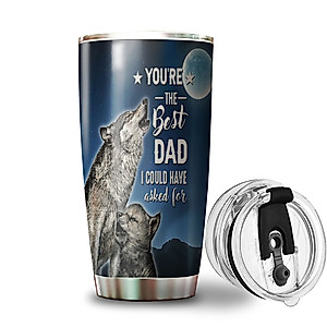 To My Dad Tumbler with Lid Double Wall Tumbler Stainless Steel 20oz Travel Coffee Mug Wolf Dad Gift for Dad Birthday Father Day Wolf Lovers