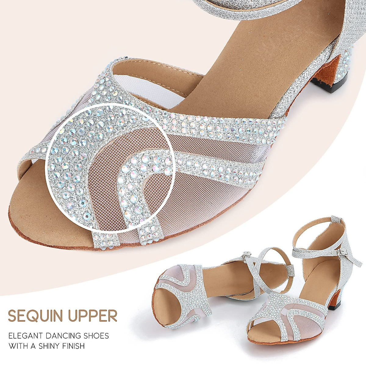 FUKZTE Womens Ballroom Dance Shoes for Social Salsa Latin Dance Dress Shoes Womens Open Toe Dancing Shoes,silver 1.97 inch heel,6 US