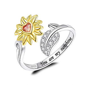 BEILIN You Are My Sunshine Sunflower Ring for Women S925 Sterling Silver I Love You Forever Promise CZ Heart Ring Adjustable Wrap Open Ring
