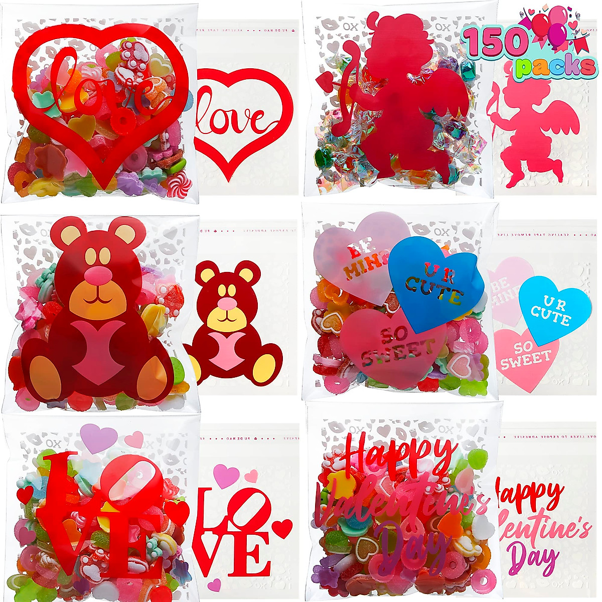 JOYIN 150 Pcs Valentine Cellophane Gift Bags Square Cellophane Candy Bags Valentine Goodies Bags in 6 Designs for Kids Valentine's Day Party Favor Supplies