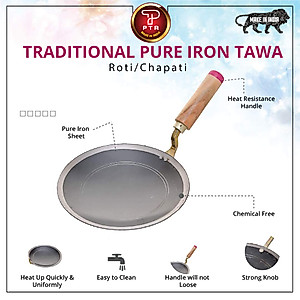 PTR Traditional Pure Iron/loha/lohakhand Tawa/Tava for Roti/Chapati with Wooden Handle(1 kg)