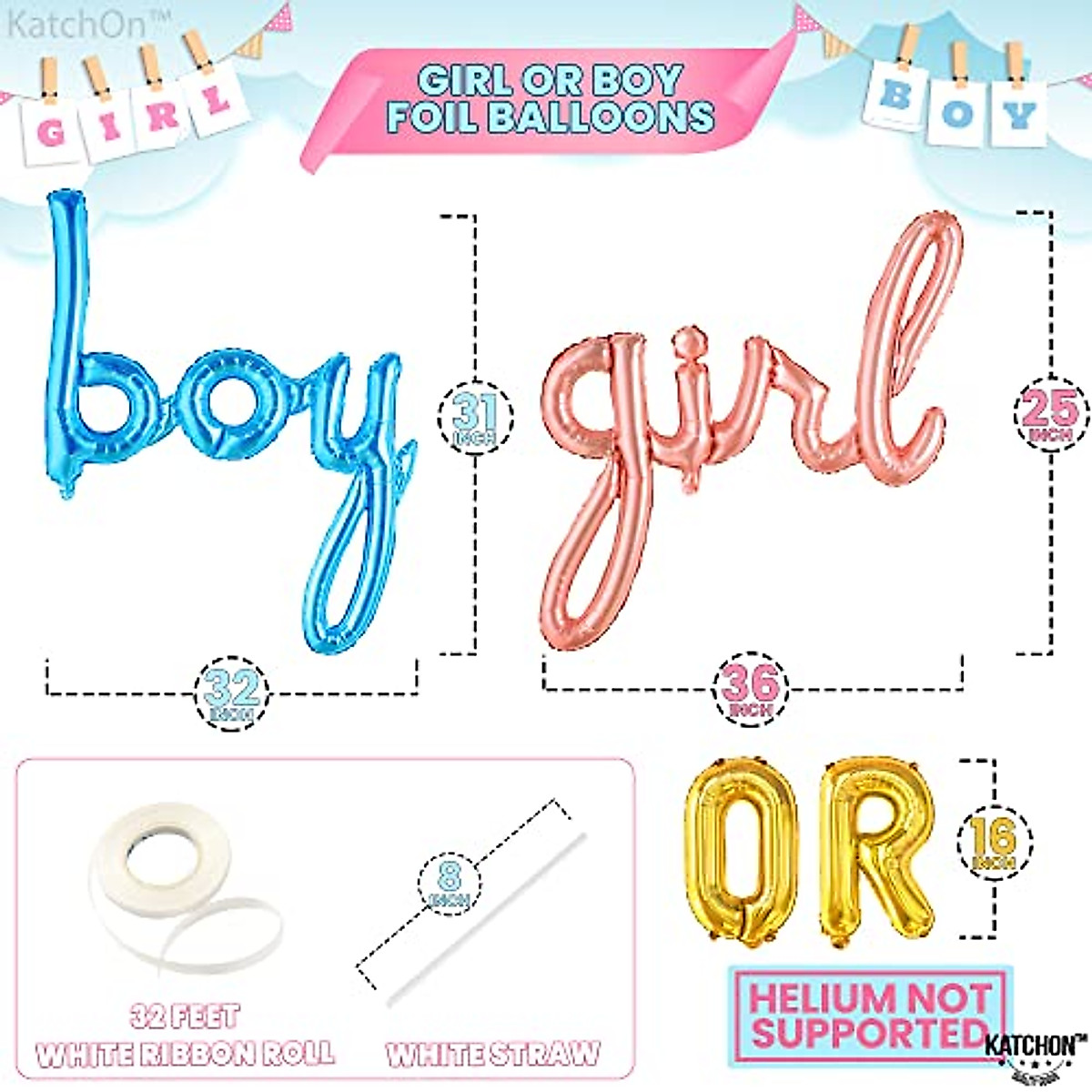 KatchOn, Boy or Girl Script Balloon - 36 Inch | Gender Reveal Foil Balloons for Gender Reveal Decorations | Boy or Girl Gender Reveal Party Supplies | Boy or Girl Balloons, Baby Shower Decorations