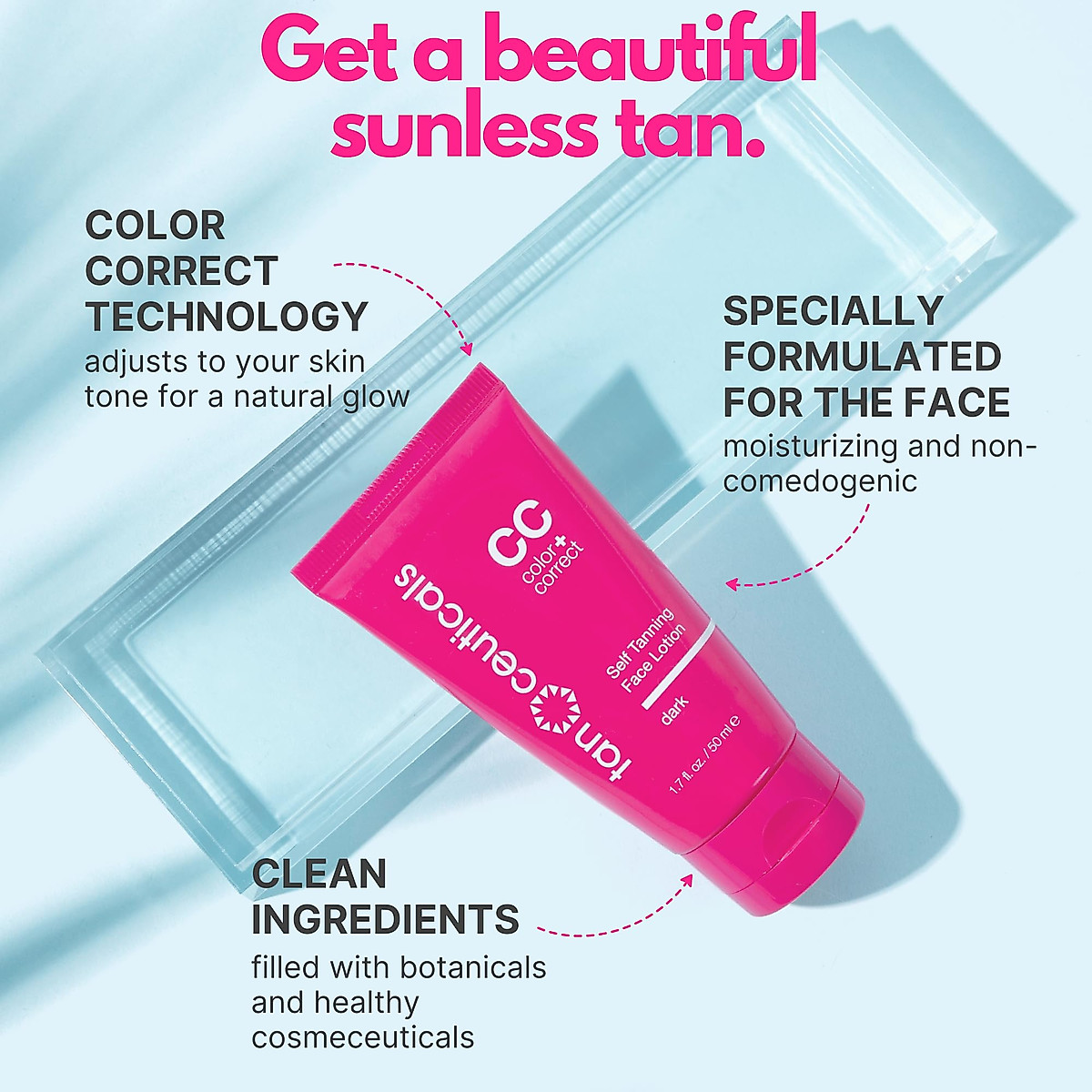 Tanceuticals Facial Self Tanner - Self Tanning Lotion for Face Gives Natural, Long Lasting Sunless Tan - Fresh Coconut Scent - Won’t Clog Pores or Cause Acne - Easy to Apply - 1.7 oz (Dark)