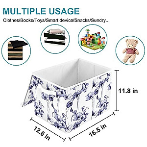 CaTaKu Purple Poppy Storage Bins with Lids and Handles, Fabric Large Storage Container Cube Basket with Lid Decorative Storage Boxes for Organizing Clothes