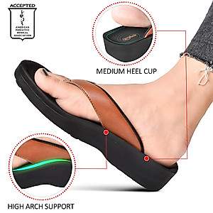 AEROTHOTIC Arch Support Flip Flops for Women Stylish Cushioned Padded Straps with Soft Toe Post Slip on Footwear Dressy Travel Recovery Outdoor Comfortable Walking Sandals (Ravine Tan, Size 6)