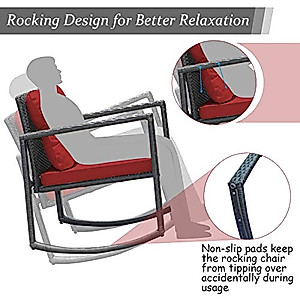 DORTALA 3 Pieces Patio Furniture Set, Rattan Rocking Chair and Glass Coffee Table for Backyard PoolsideOutdoor Wicker Conversation Set w/Cushioned Seat, Set of 3 Patio Bistro Set, Burgundy