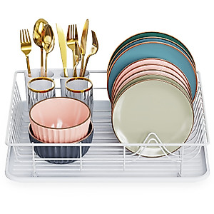 GSlife Dish Drying Rack for Kitchen Counter Small Dish Rack with Drainboard Tray Dish Racks Drainer for Kitchen Countertop, Snow White