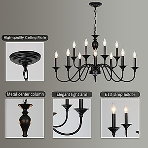 LIGHTDAMY Black Farmhouse Chandeliers for Dining Room Light Fixtures Over Table, 12 Light Industrial Candle Hanging Light Fixture for Living Room Kitchen Island Foyer Staircase