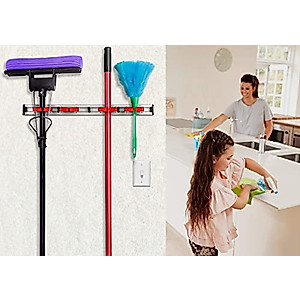 Alpine Industries Mop and Broom Holder Track - 5 Hooks 4 Holders Sliding Cleaning Tool Organizer - Heavy-Duty Adjustable Wall Mount Space Saving Storage Solution (4 Holders - 5 Hooks)