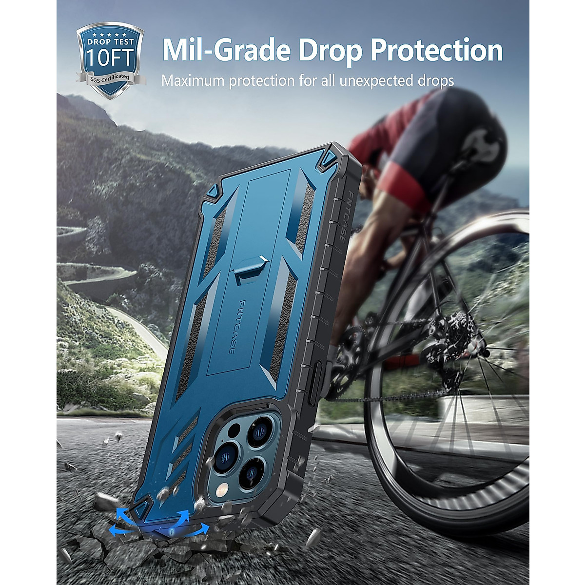 FNTCASE for iPhone 12-Pro-Max Phone Case: Military Grade Drop Proof Protection Mobile Cover with Kickstand | Matte Textured Rugged Shockproof TPU | Protective Sturdy Cases - Blue