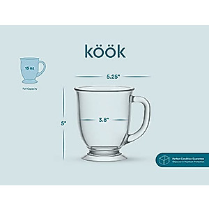 Kook Glass Coffee Mugs, with Handles, Clear Tea Cups, for Drinking Hot Beverages, Latte, Cappuccino, Espresso, Large Capacity, 15 oz, Set of 6