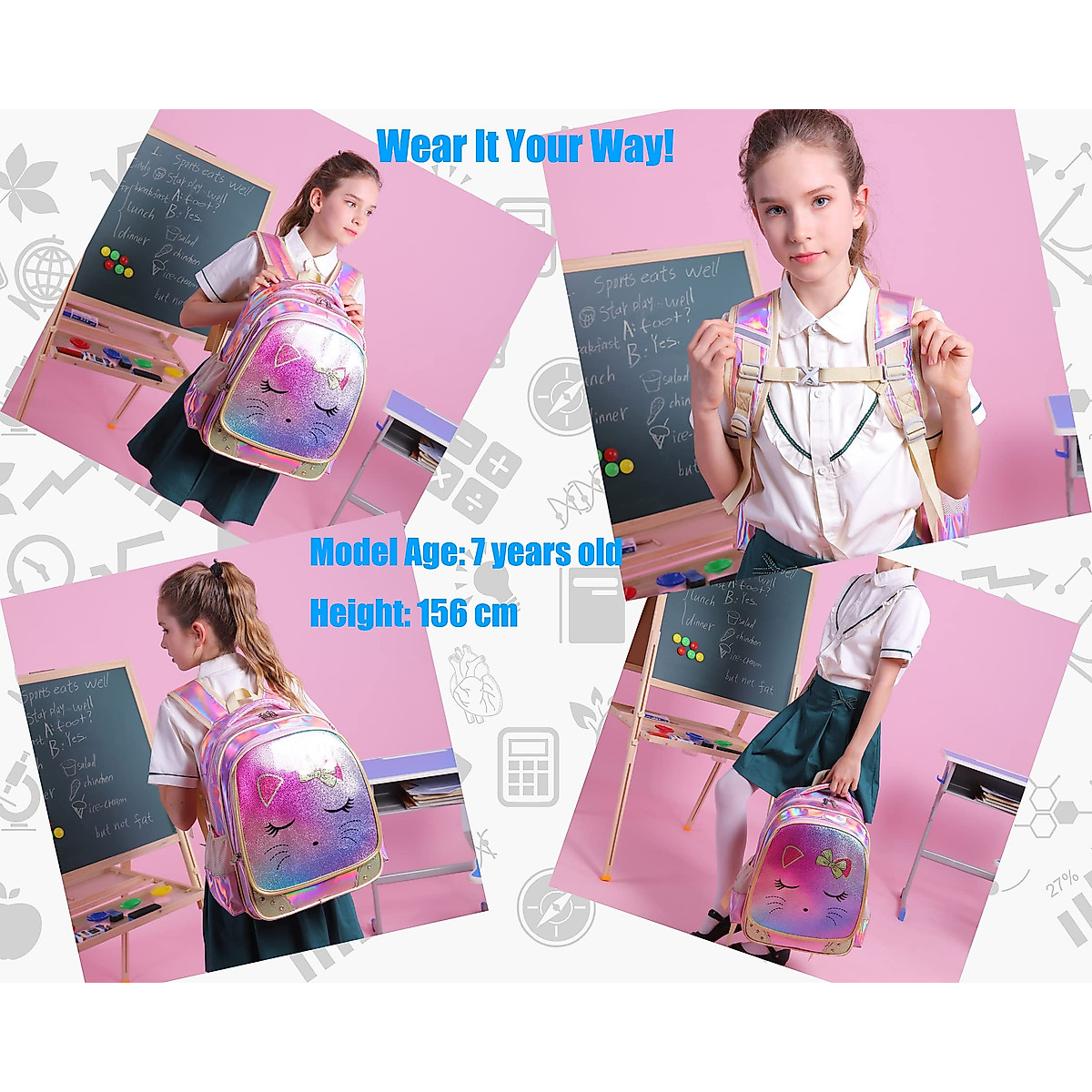 Dorlubel School Backpack for Girls, Kids Backpack Children’s School Bag Cat face Diamond Glitter BookBags for Elementary (Pink Blue Cat)