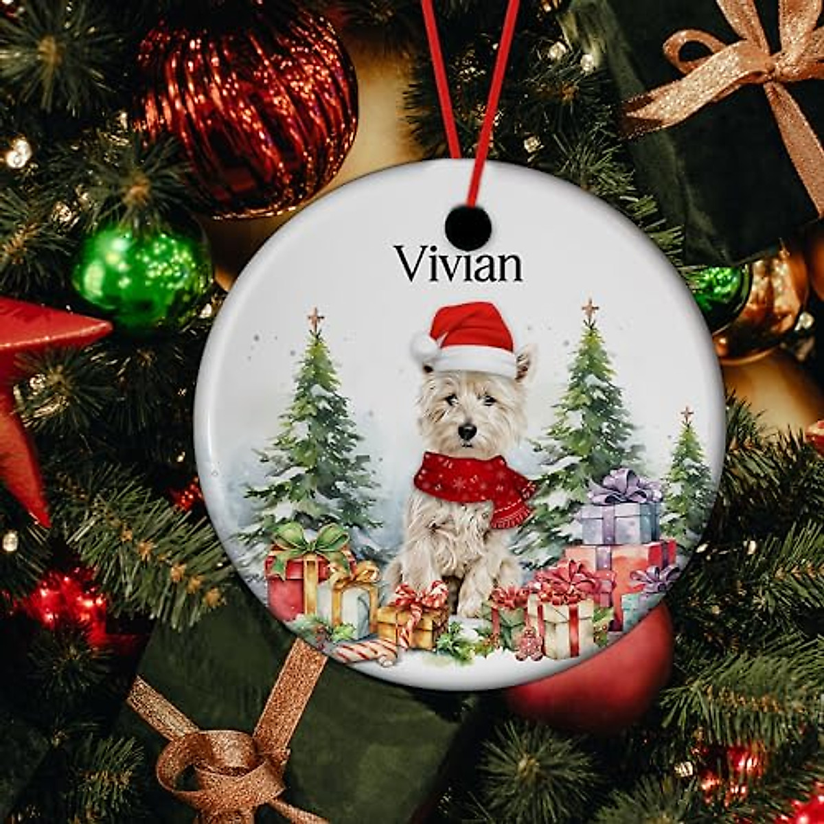 Dog Christmas Ornaments Personalized West Highland White Terrier Round Shaped Ceramic 3 Inch Present for Pet Lover Family Friends Custom Dogs with Santa Hat Decor Xmas Tree Home Party Pendant Gift