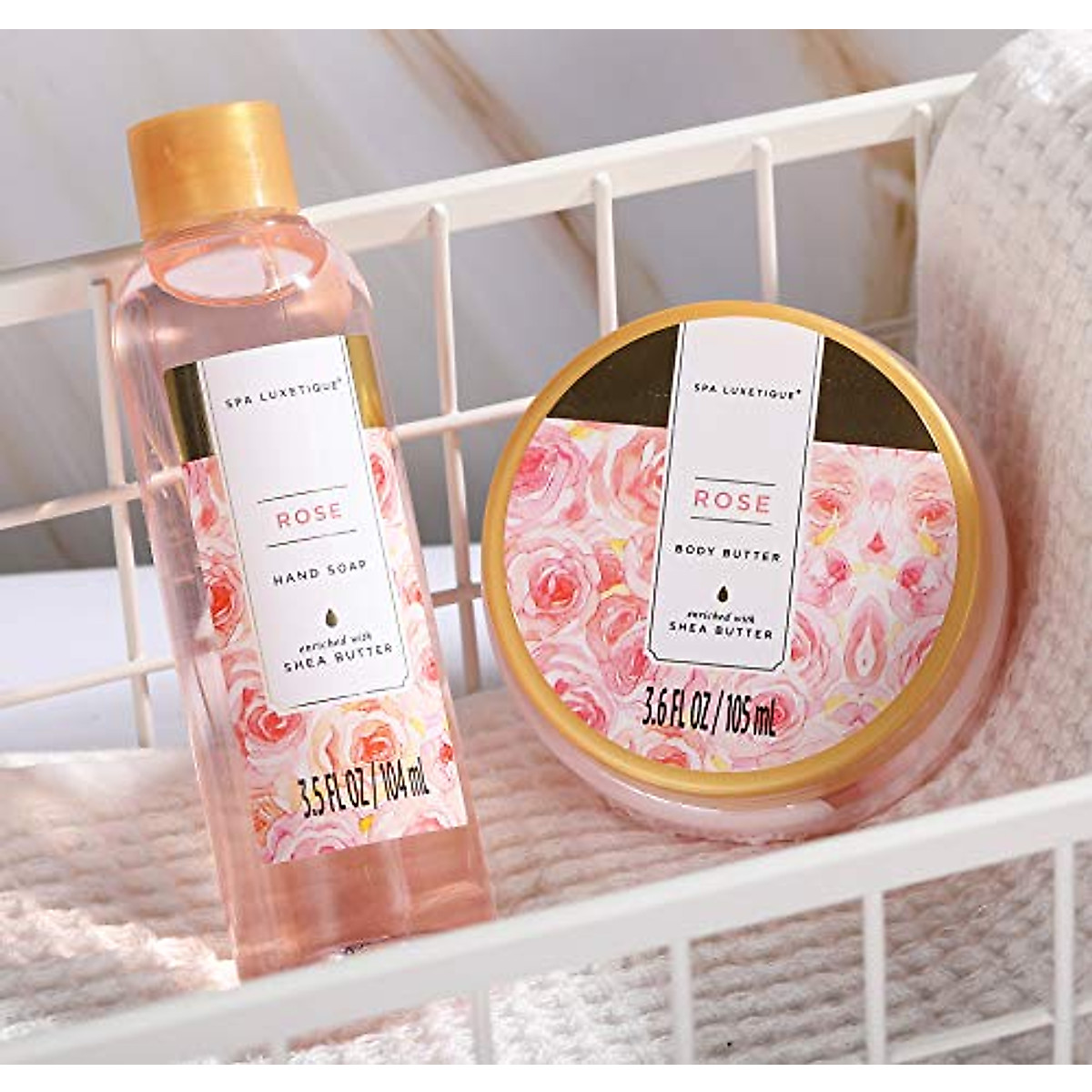 Spa Luxetique Gifts for Women - 10pc Rose Gift Basket, Deluxe Spa Tote Bag Bath Set with Wooden Handle, Bath Salt, Hand Soap, Body Butter, Mothers Day Gift Sets, Mothers Day Gifts for Mom