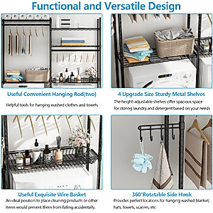 Loomie Over The Washer and Dryer Storage Shelf, Laundry Room Organization Shelves, 5 Tiers Adjustable Height Shelving,Bathroom Space Saving Drying Organizers Rack with Wire Basket,Haning Hook & 2 Rods